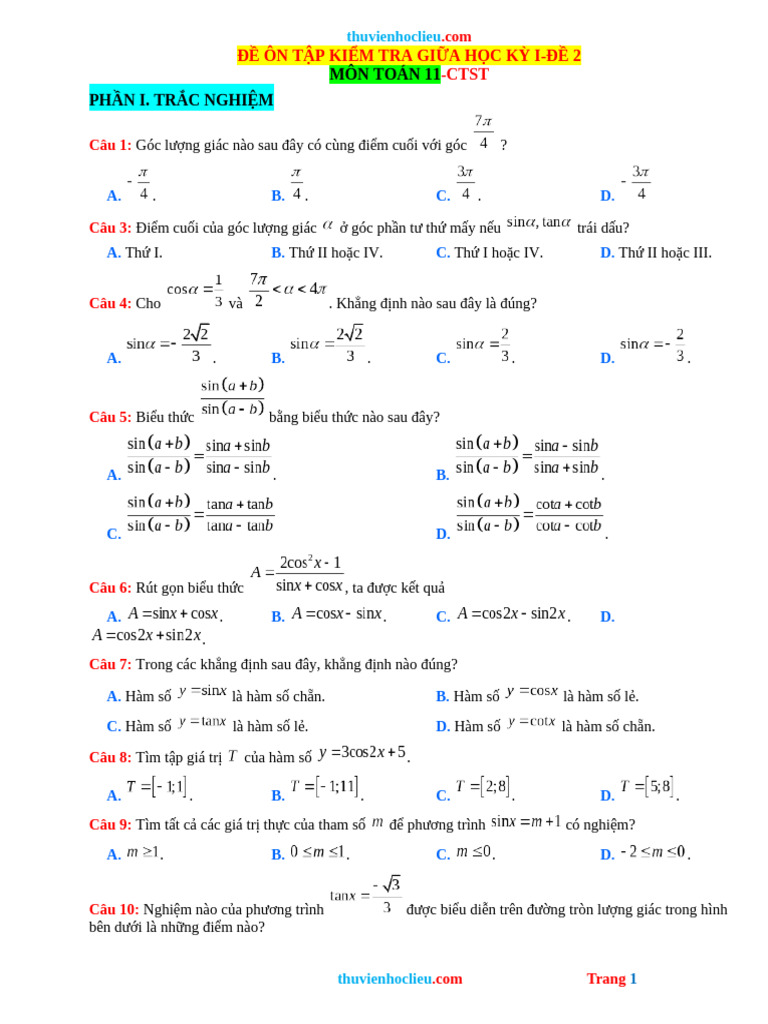 thuvienhoclieu.com-De-on-thi-giua-HK1-Toan-11-CTST-De-2 | PDF