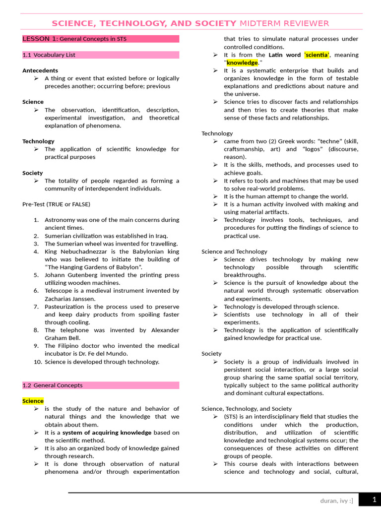 Science Technology and Society Midterm Reviewer | PDF | Science ...