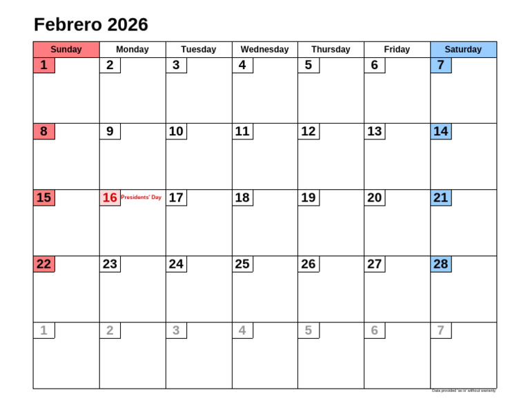February 2026 Calendar Landscape Small Numerals | PDF