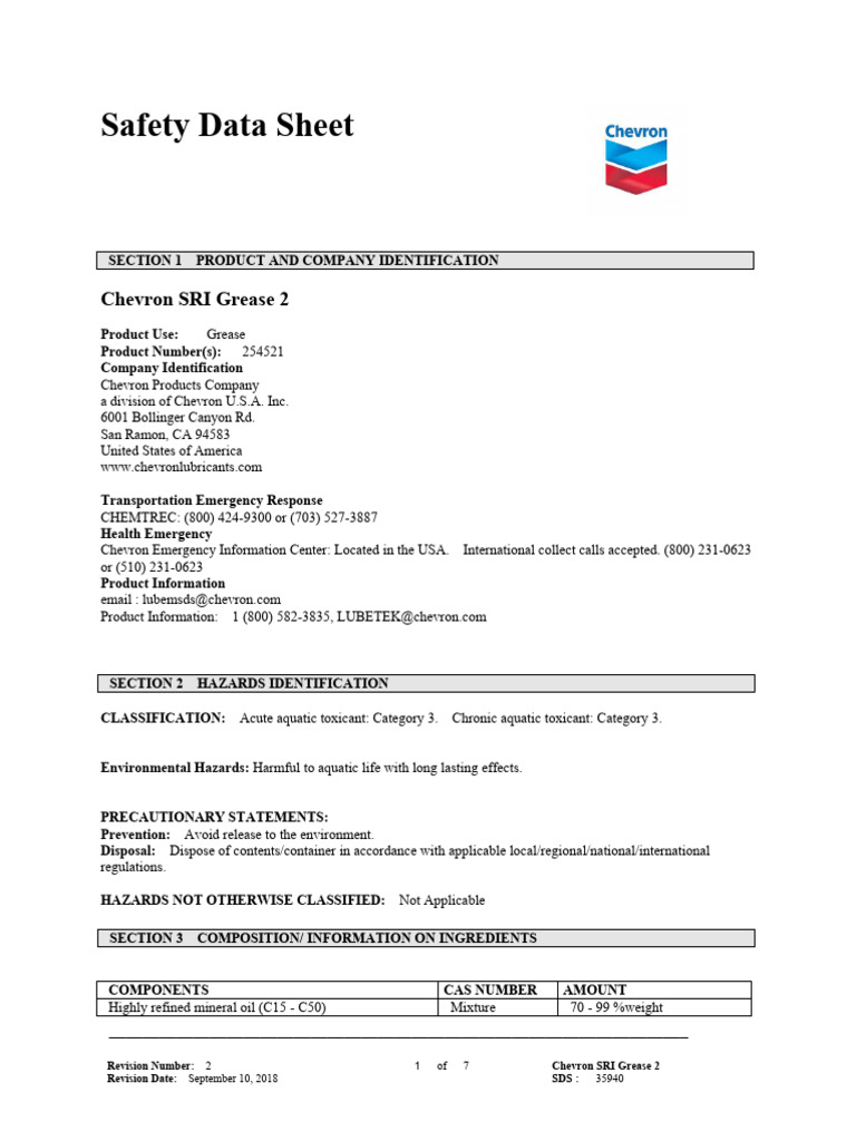 Chevron SRI Grease 2 Safety Data Sheet | PDF | Pollution ...