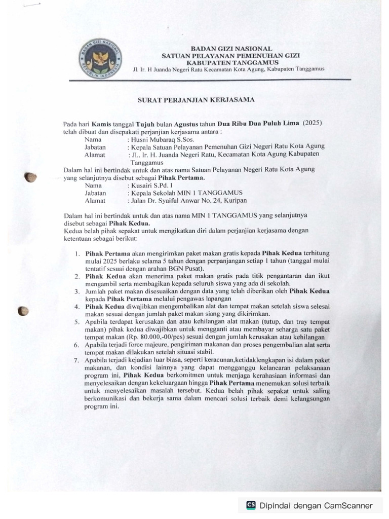 Mou MBG Min 1 Tanggamus | PDF