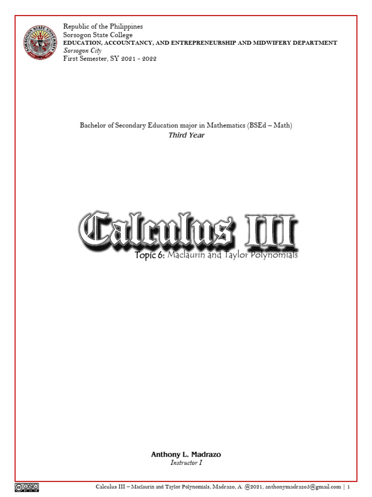 Calculus 3, Topic 6. Maclaurin and Taylor Polynomials | PDF ...
