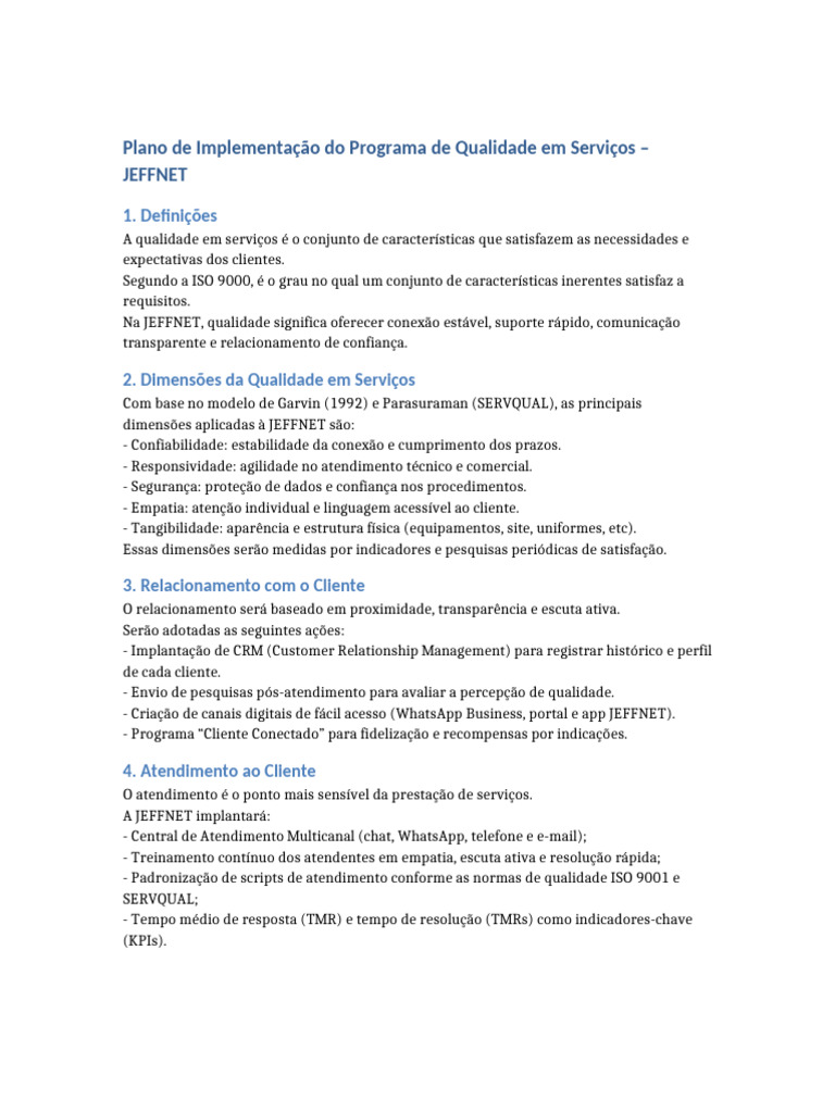 Programa de Qualidade em Serviços JEFFNET | PDF | Gestão de ...