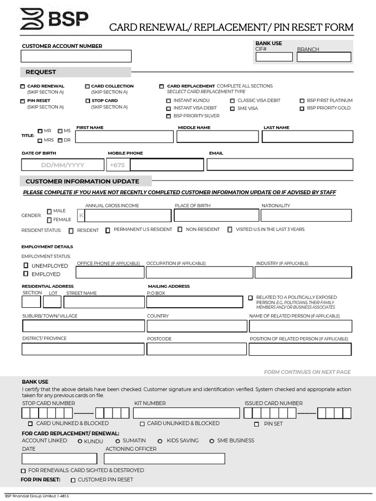 BSP PNG Card Renewal Replacement Pin Reset Form 27092025 | PDF | Debit ...