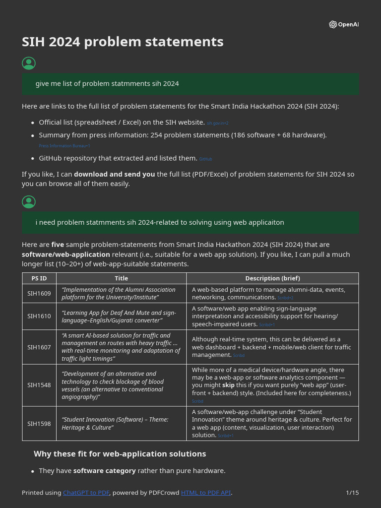SIH 2024 Problem Statements List | PDF | Mobile App | You Tube