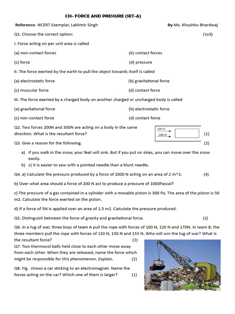 Force and Pressure Practice Questions | PDF | Force | Gravity