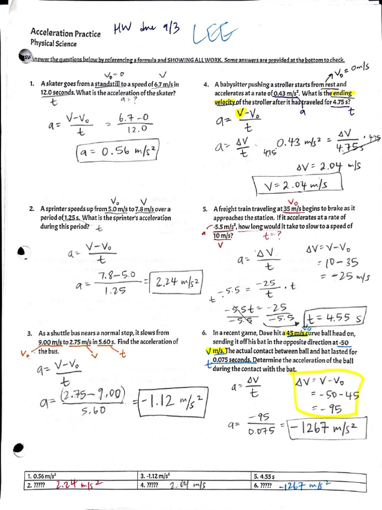 Acceleration Practice KEY | PDF