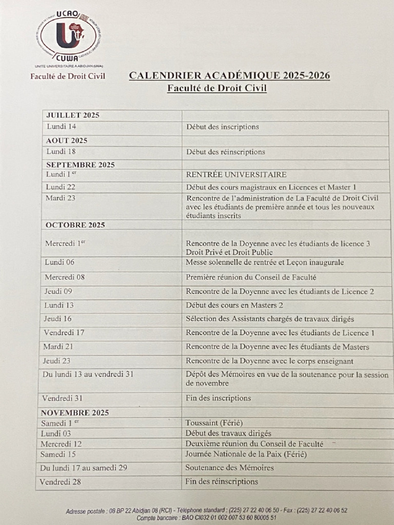 Calendrier Academique UCAO 2025-2026 | PDF