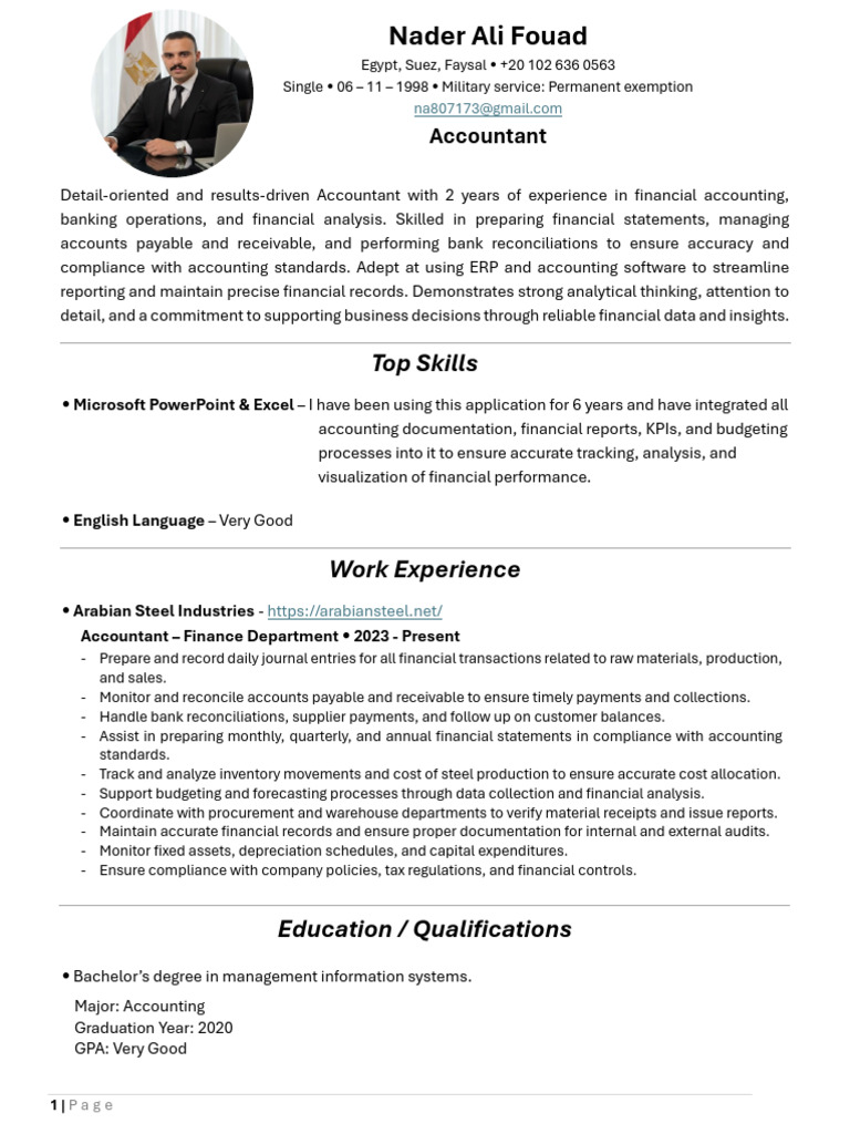 Nader Ali Fouad - Accountant | PDF | Accounting | Regulatory Compliance