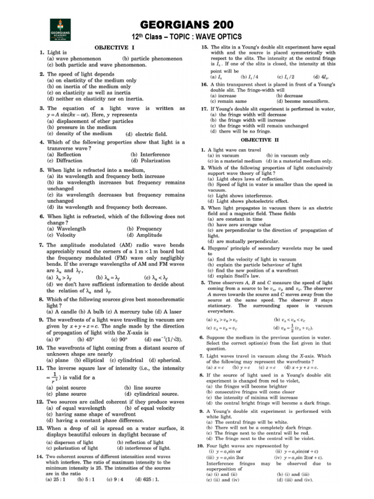 12th Class - Topic - Wave Optics | PDF