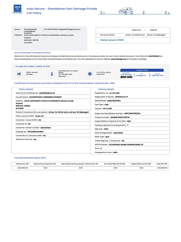 Tata AIG Motor Policy Schedule 3184 6203759138 | PDF | Insurance ...
