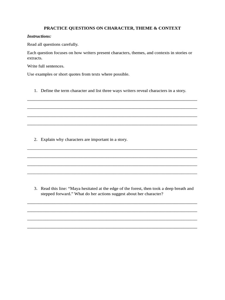 Character, Theme & Context Practice Questions | PDF | Chess | Chess Theory