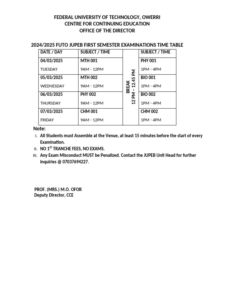 2024-2025 First Semester Exam Timetable | PDF
