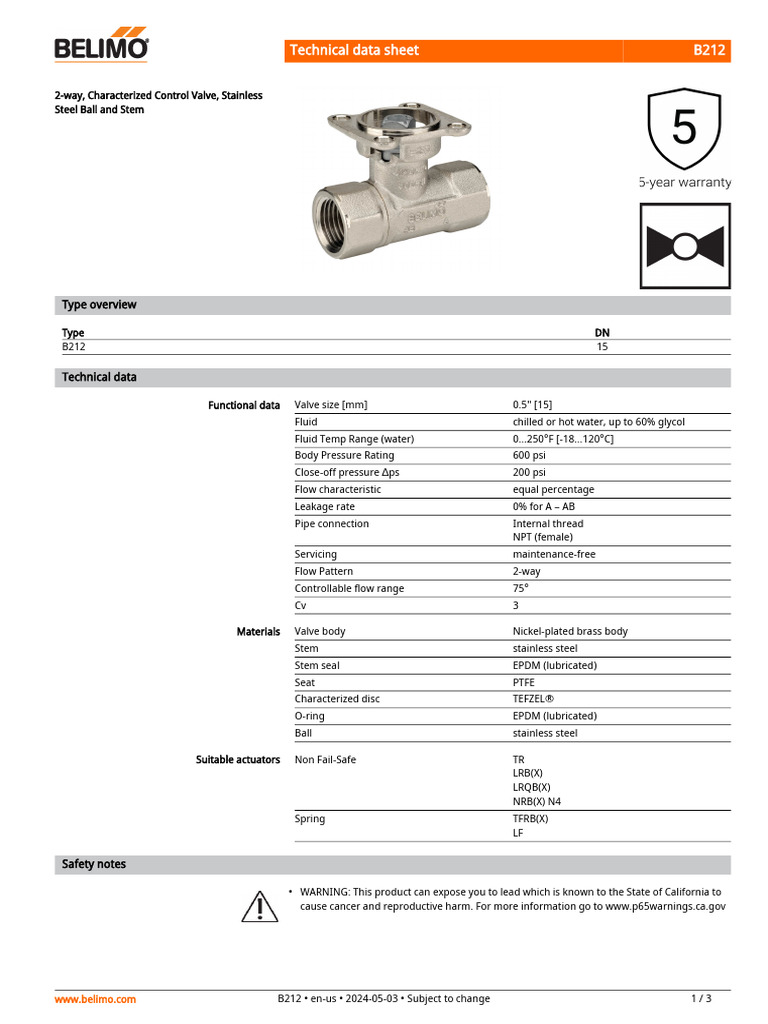 Belimo B212 2-Way Control Valve Specs | PDF | Valve | Mechanical ...