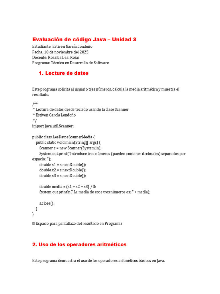 Evaluacion Unidad de Java 3 | PDF | Java (lenguaje de programación) | Paradigmas de programación