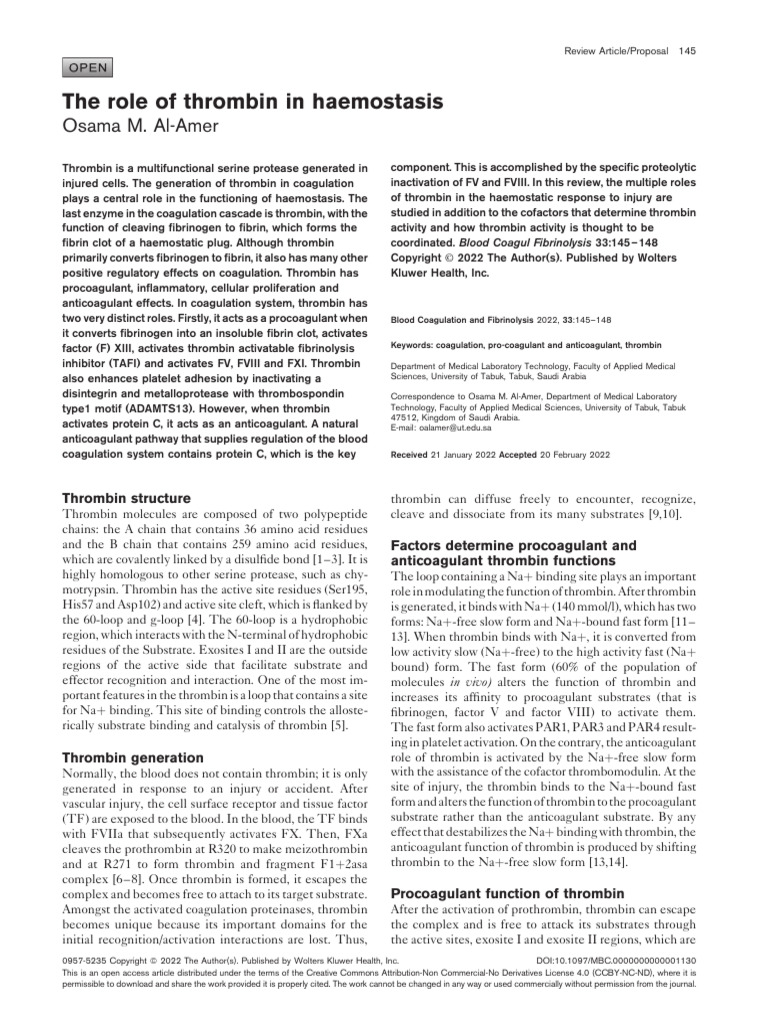 Thrombin's Role in Haemostasis Explained | PDF | Coagulation | Platelet