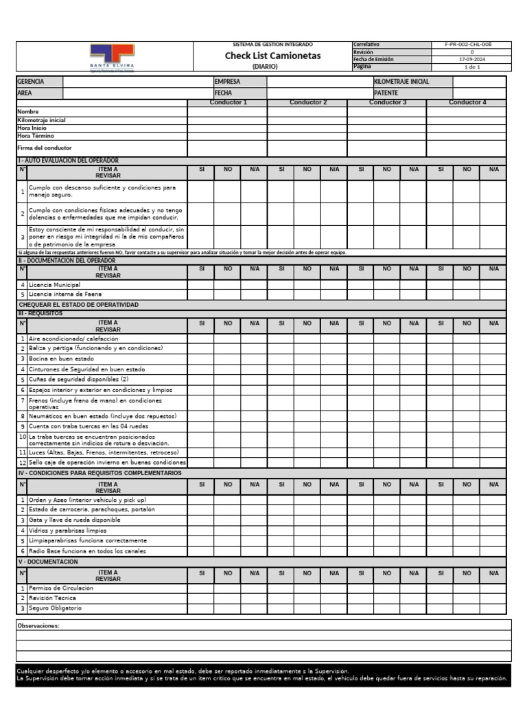 F-PR-002-CHL-008 Check List Camionetas | PDF | Estilos de carrocería | Tecnología de vehículos
