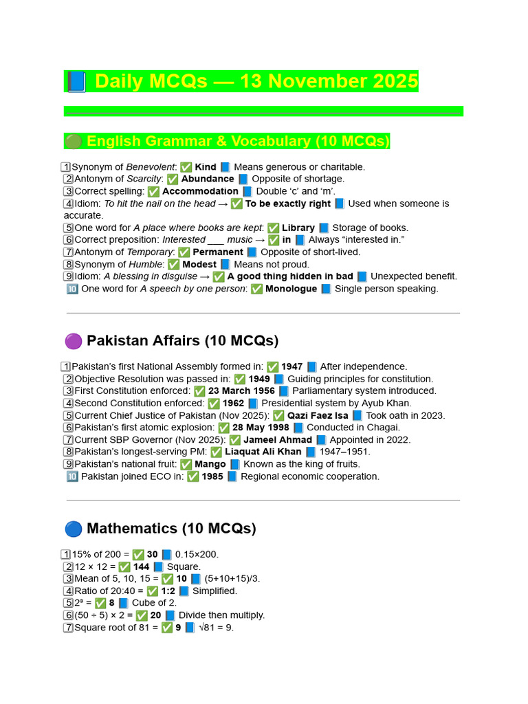 Daily MCQs for 13 Nov 2025 | PDF | Motivation | Motivational