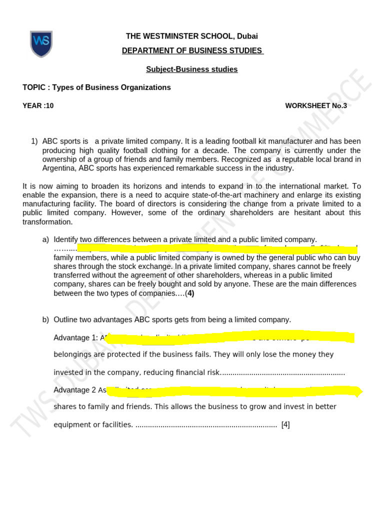 Business Worksheet With Answers | PDF | Stocks | Business