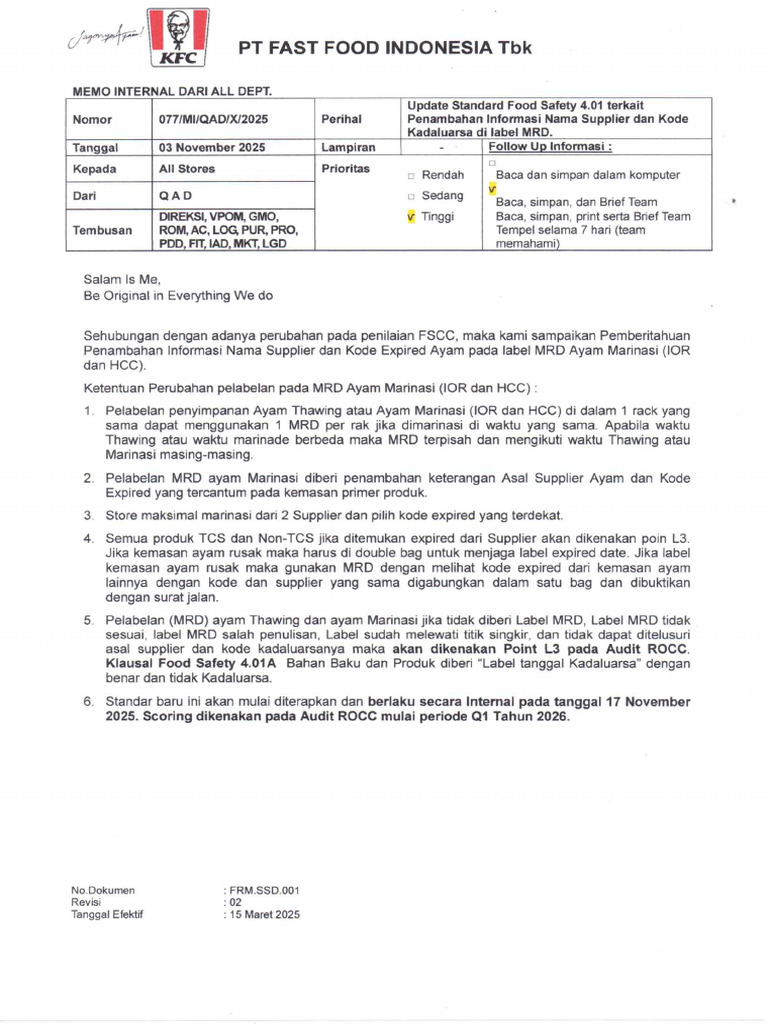 Memo Update Standar Food Safety 4 01 ROCC | PDF