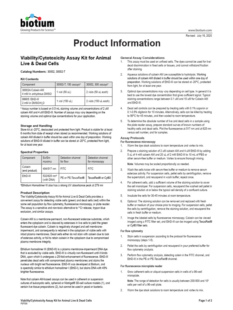 Biotium AnimalCellViability Assay | PDF | Staining | Cytotoxicity