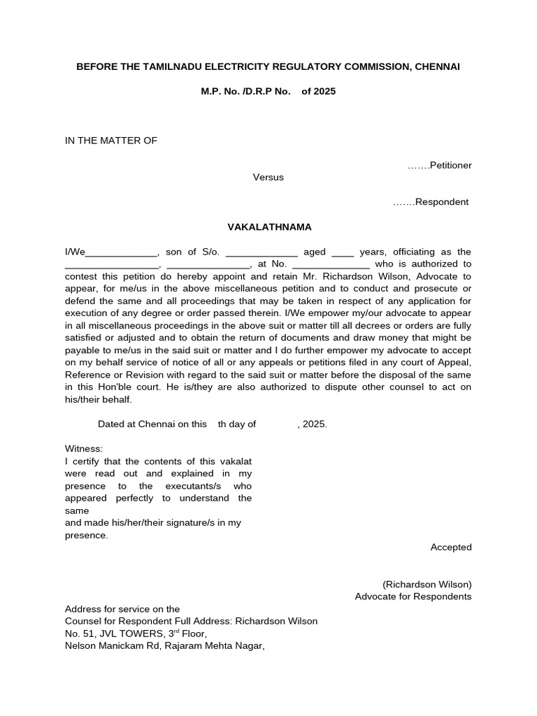 Vakalathnama for Tamil Nadu Petition | PDF