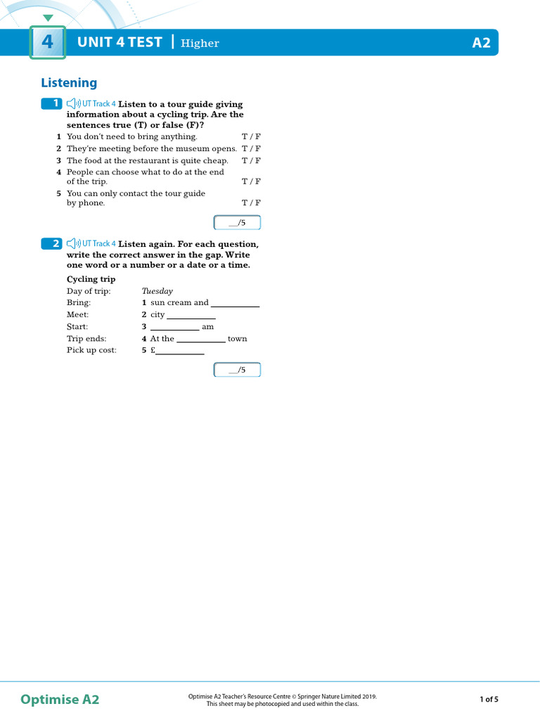 A2 Unit 4 Test: Listening & Grammar | PDF | Baggage