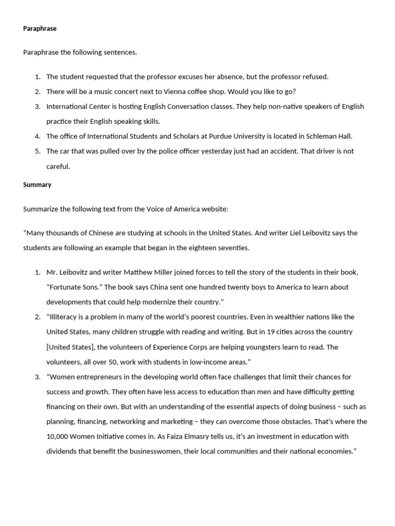 Paraphrasing and Summarizing Practice | PDF