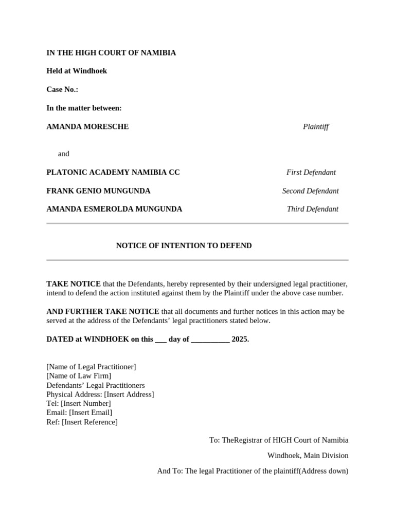 Notice of Intention to Defend Case | PDF