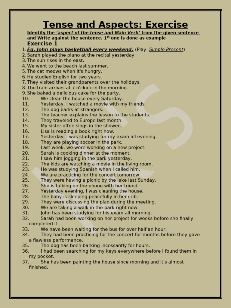 Tenses Identify The Aspect of The Tense and Main Verb' | PDF