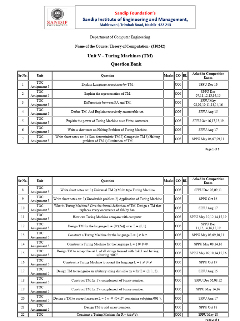 TOC UNIT 5 QB | PDF | Computing | Theory Of Computation