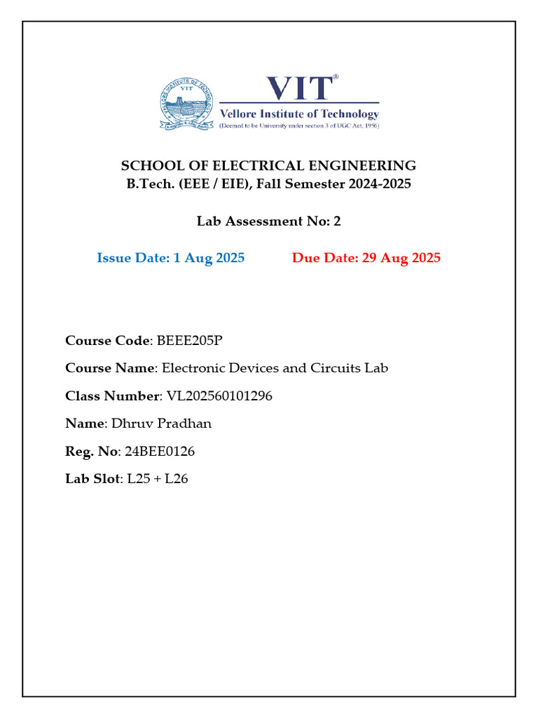 EDC Lab Assessments (2A and 2B) - Dhruv Pradhan (24BEE0126) | PDF | Electronic Engineering ...