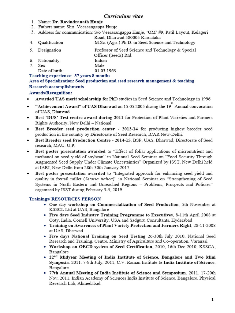 Dr. Ravindranath Hunje CV Summary | PDF | Agriculture