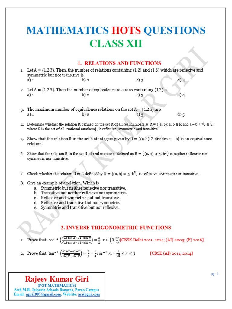 Mathematics HOTS Question Bank Class - XII (2025-26) | PDF | Area | Sphere