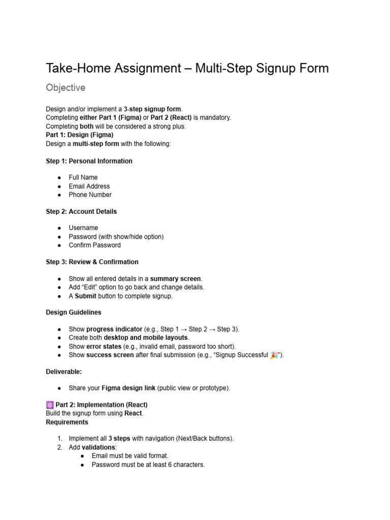 ? Take-Home Assignment - Multi-Step Signup Form | PDF