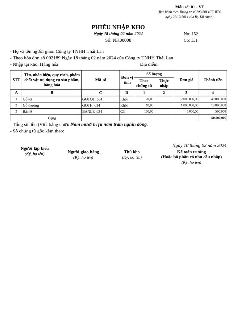 01 VT Phieu Nhap Kho | PDF