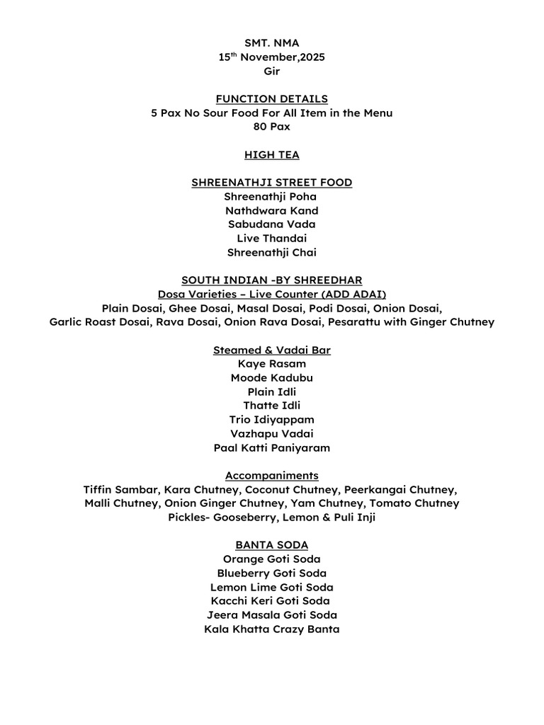 High Tea 15-11-2025 Execution Copy SMT - Nma, Gir | PDF | Chutney | Cuisine