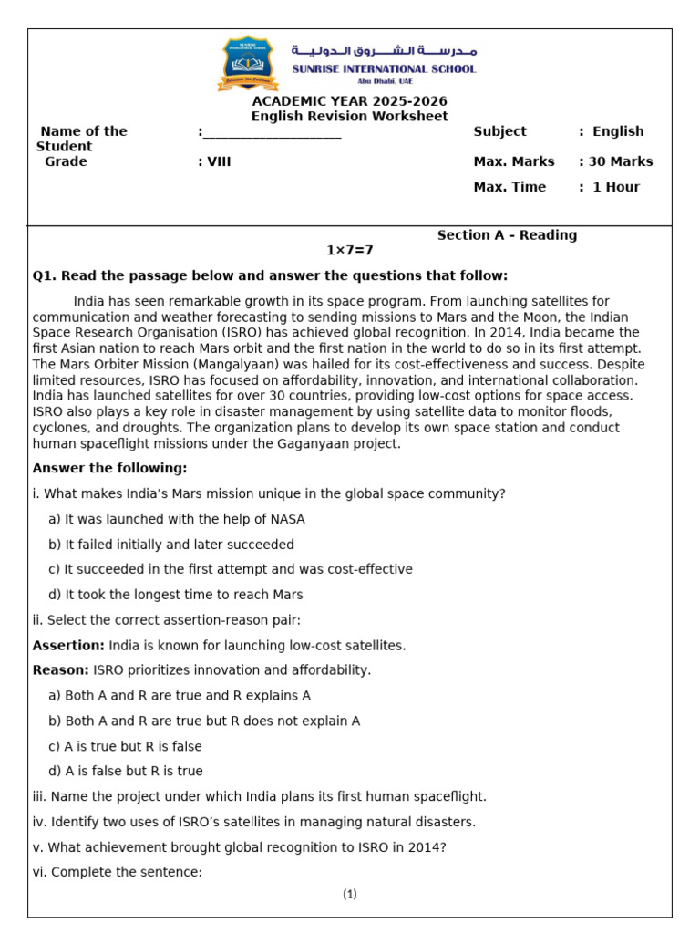 English PT-1 Revision Worksheet - Grade 8 (1) | PDF | Nasa | Space ...