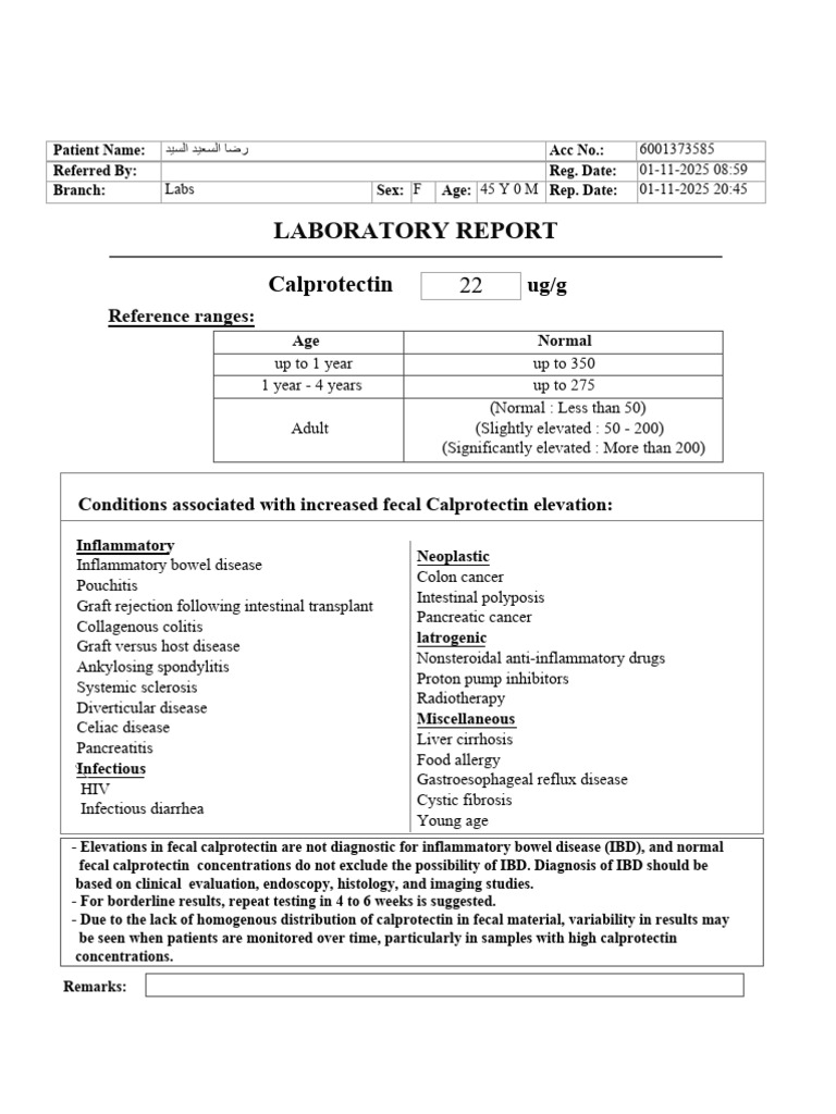 Laboratory Report: Calprotectin | PDF | Inflammatory Bowel Disease ...