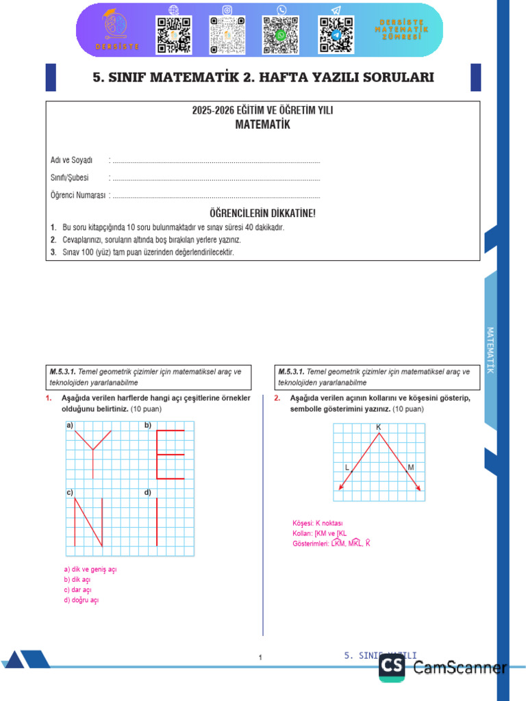 5. Sinif 1. Yazili 2. Hafta (Mat) | PDF