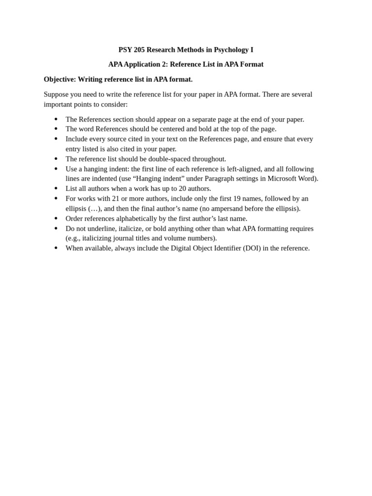 PSY 205 - APA Application 2 - Reference List in APA Format - 2025 Fall ...