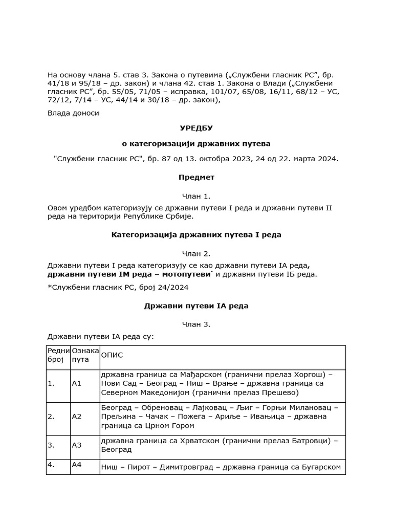 Uredba o Kategorizaciji Drzavnih Puteva - 87 - 2023 10 24 - 2024 3 | PDF