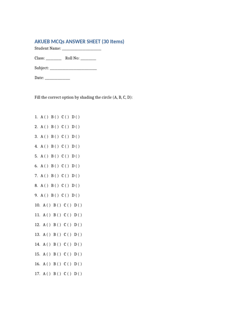 AKUEB 30 MCQs Answer Sheet | PDF