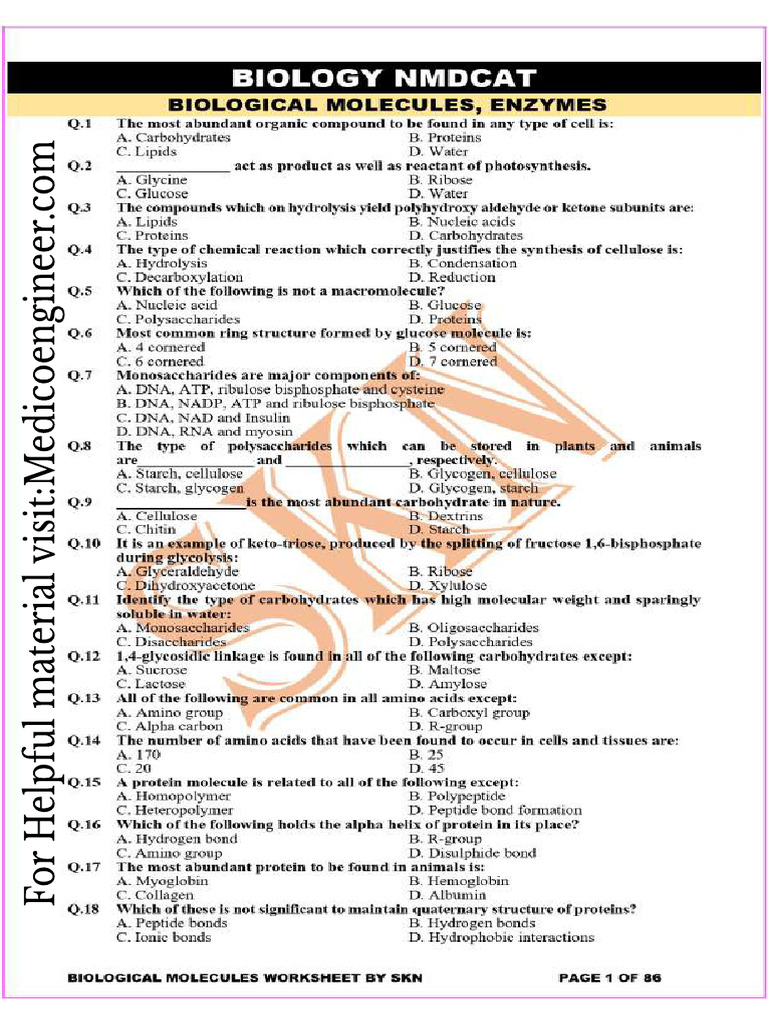 Biomolecules & Enzymes Mcqs 1285 SKN Worksheet 2023 - Medico Engineer 2 ...