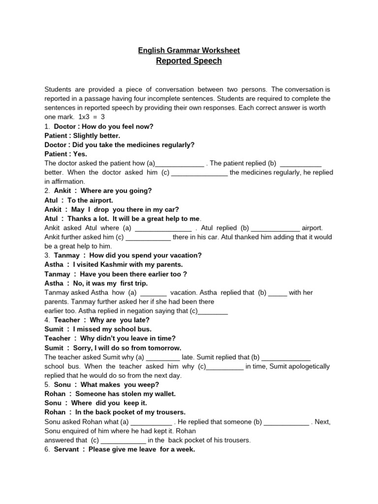 Reported Speech Grammar Worksheet | PDF