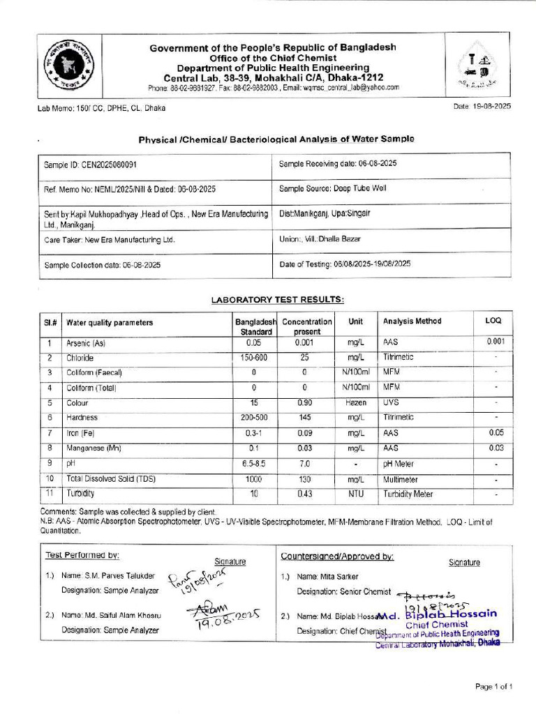 Drinking (Ground) Water Test Report - New Era Manufacturing Ltd. | PDF