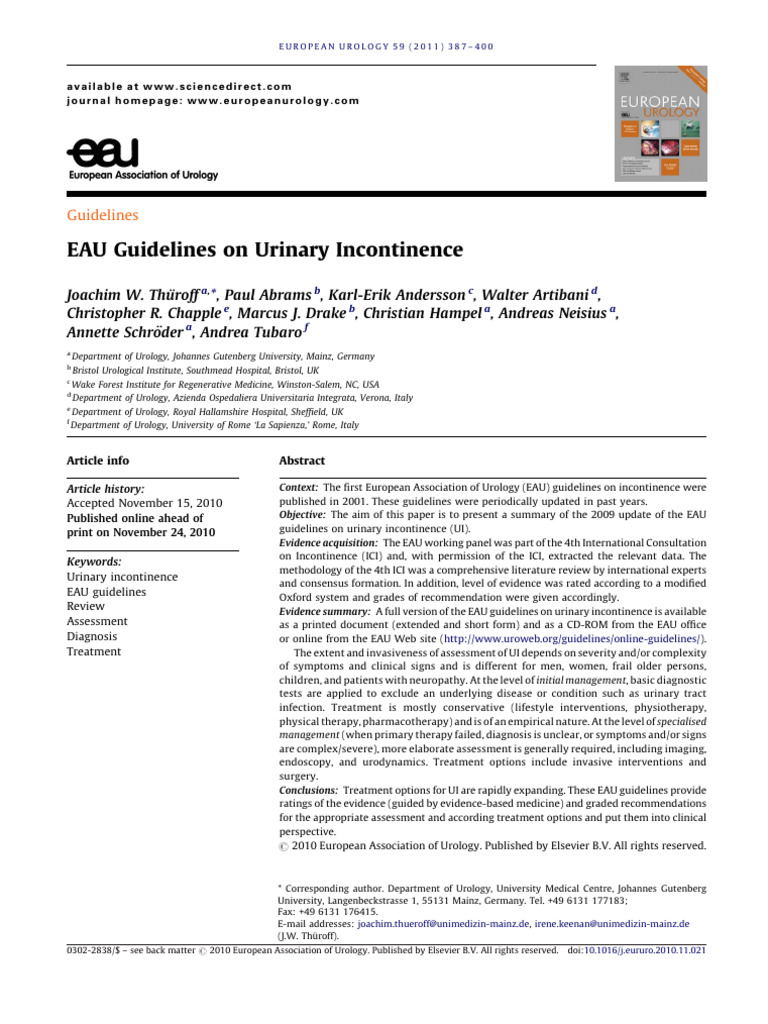 EAU Guidelines On Urinary Incontinence | PDF | Urinary Incontinence ...