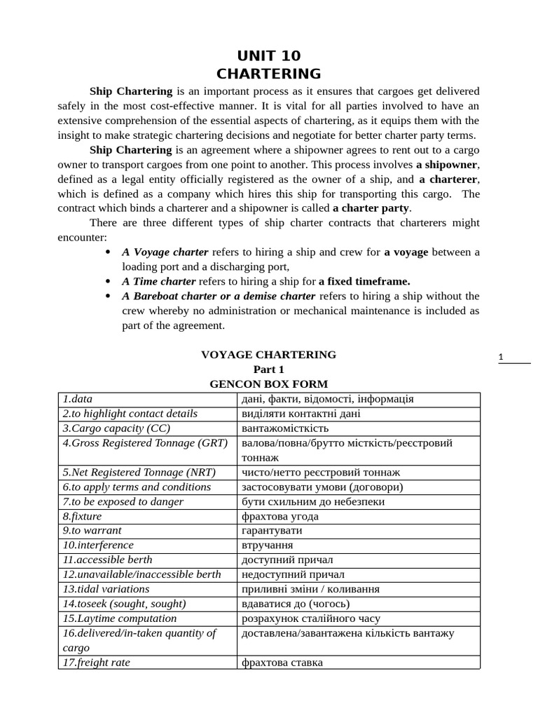 Unit 12 Chartering Types of Charters | PDF | Shipping | Water Transport