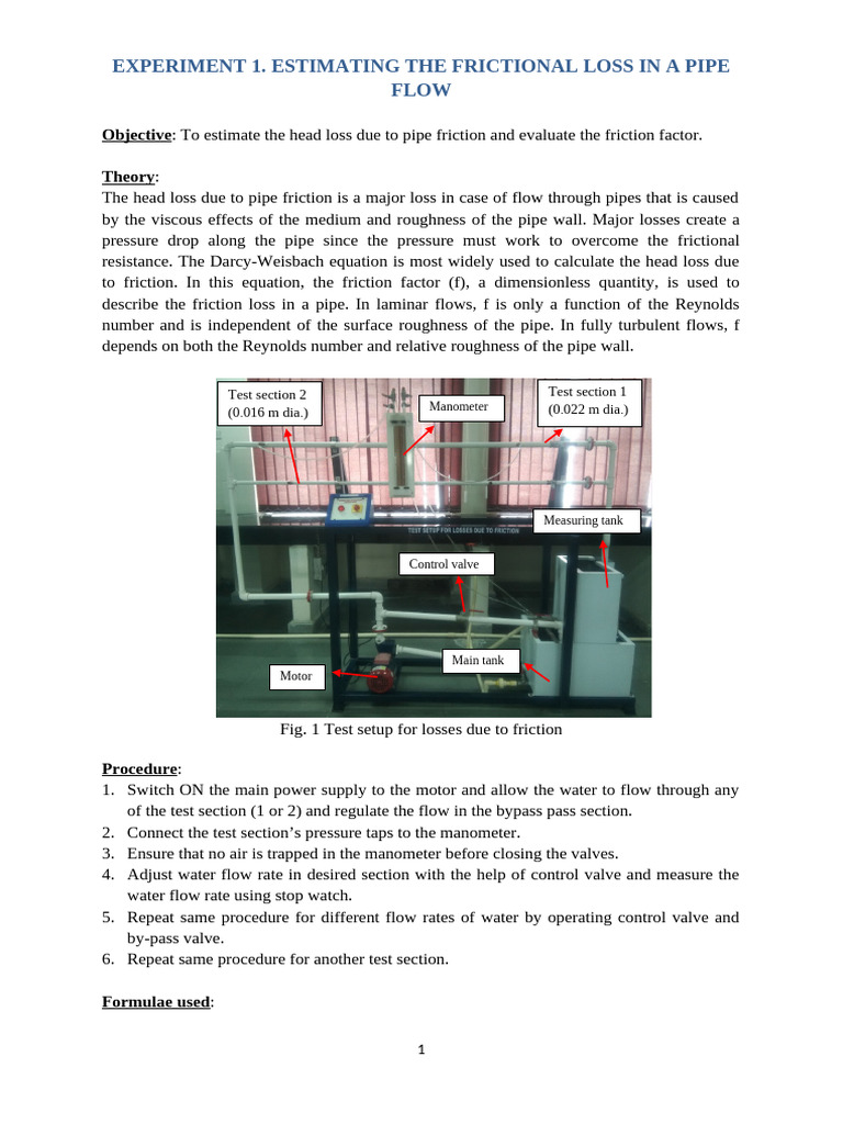 Experiment 1-Estimating The Frictional Loss in A Pipe Flow | PDF ...