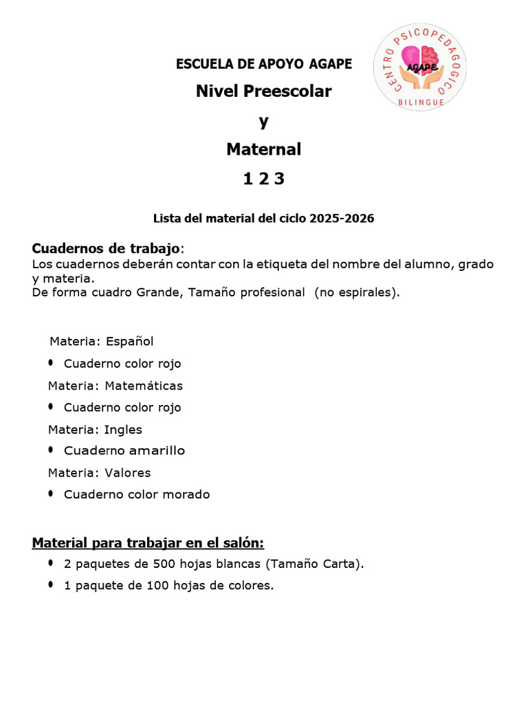 Lista de Utiles Kinder 2 | PDF